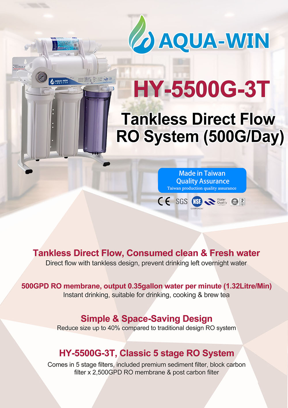 AQUA-WIN Safe Drinking Water Reverse Osmosis Direct Flow 5-STAGE 500 GPD